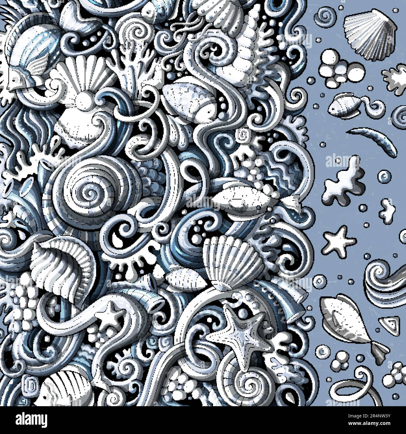 Cartoon hand-drawn doodles on the subject of Underwater life frame ...