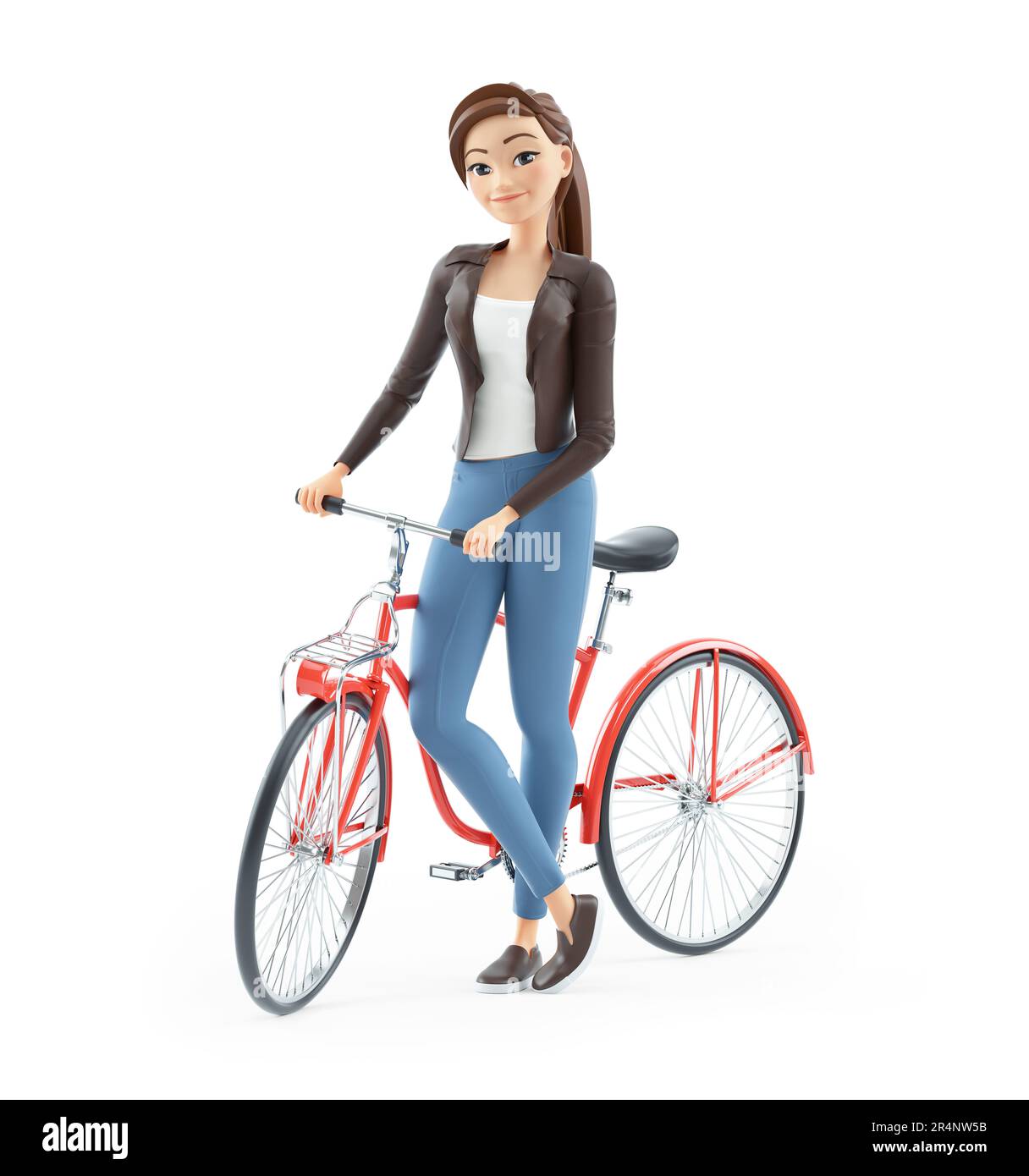 3d cartoon woman standing next to her bicycle, illustration isolated on ...