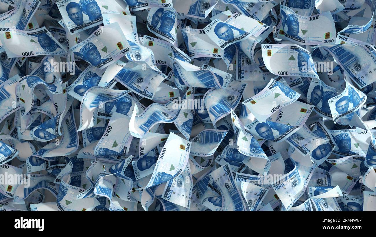 3D rendering of lots of 1000 Nigerian naira notes spread on surface ...
