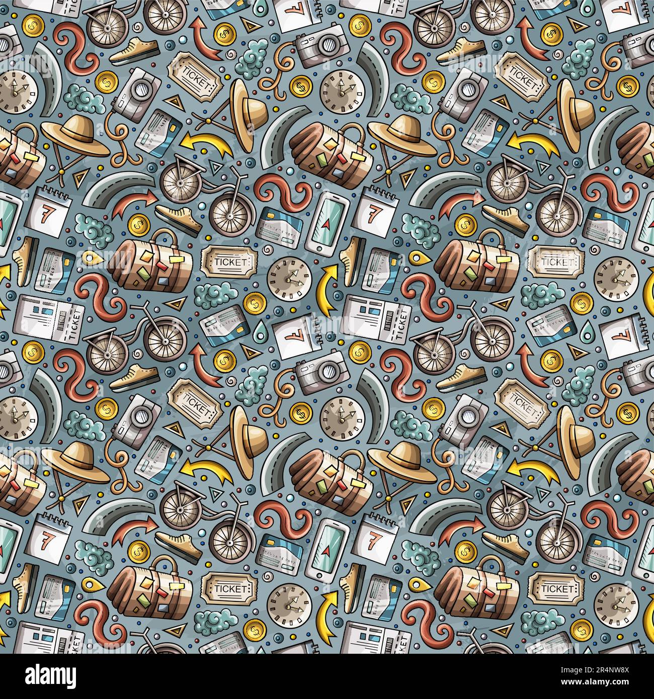 Cartoon cute traveling seamless pattern. Colorful detailed, with lots ...