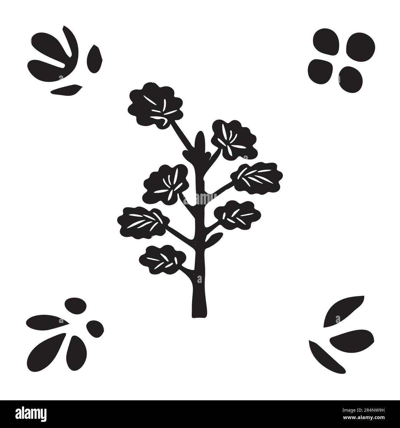 Linocut tree design elements in vector scandi style. Black and white ...