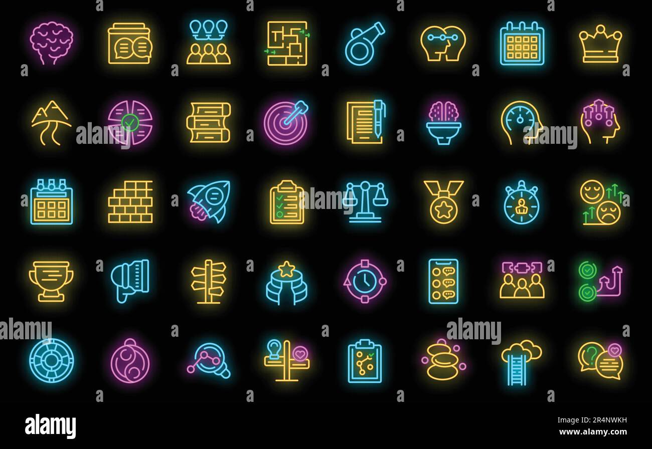 Life coach icons set outline vector. Problem solving. Life activity neon color on black Stock ...