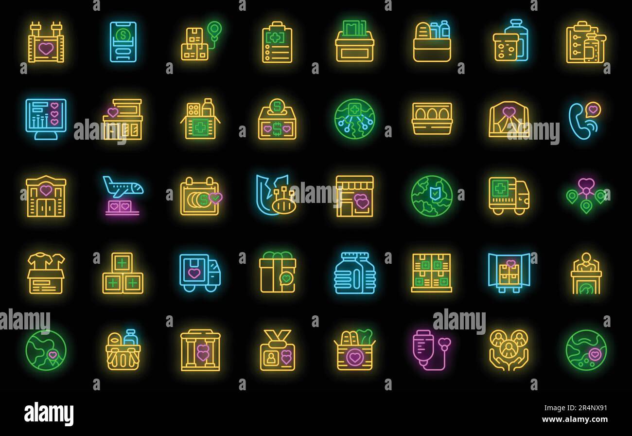Humanitarian aid icons set outline vector. Donate box. Care food neon ...