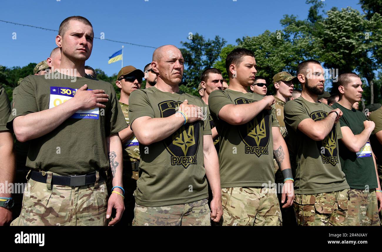 KYIV, UKRAINE - MAY 28, 2023 - Servicemen perform the national anthem ...
