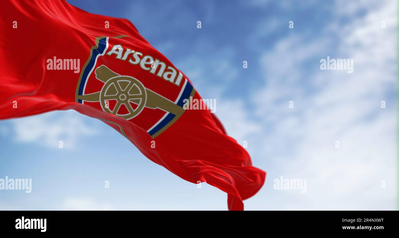 London, UK, May 2023: Arsenal Football Club flag waving on a clear day ...