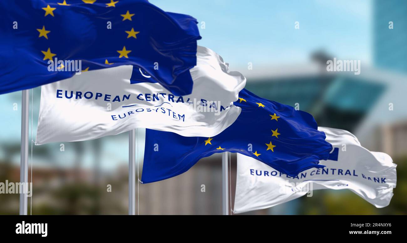 Frankfurt, DE, March 2023: Three Flags of the European Central Bank and ...