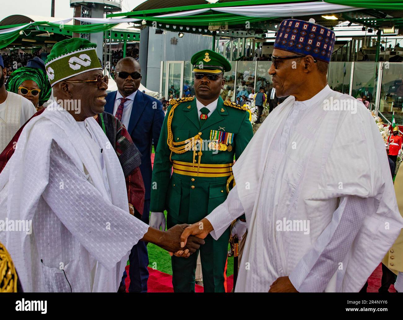 In this photo released by the Nigeria State House, Nigeria's new President Bola Ahmed Tinubu ...