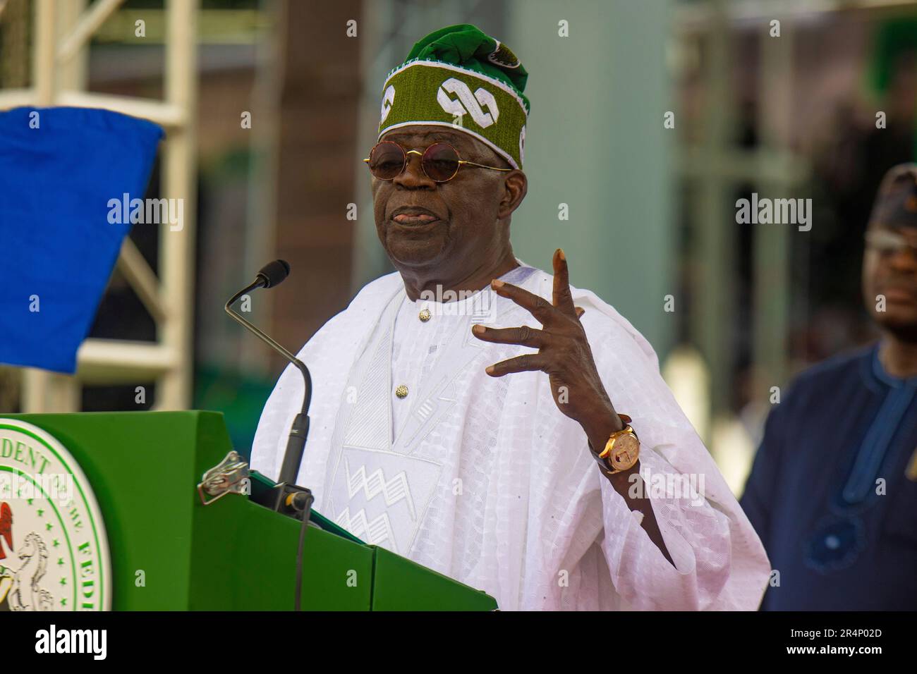 In this photo released by the Nigeria State House, Nigeria's new President Bola Ahmed Tinubu ...