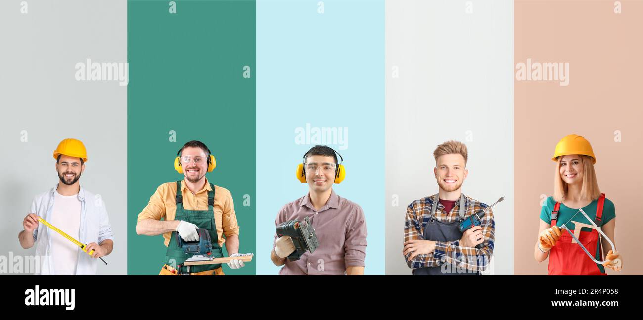 Collage of carpenters on color background Stock Photo - Alamy
