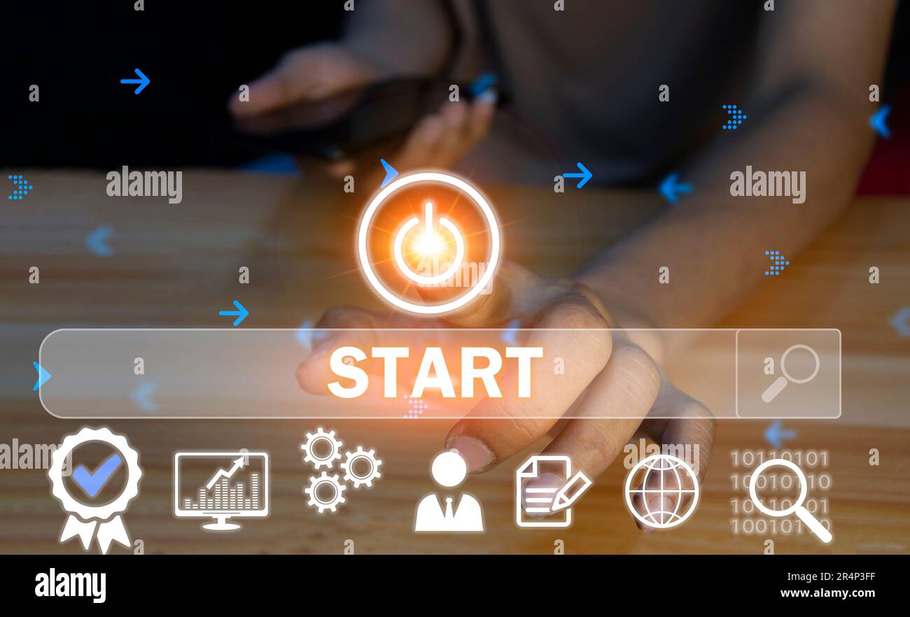 concept. Man pressing start button to start over in life, business ...