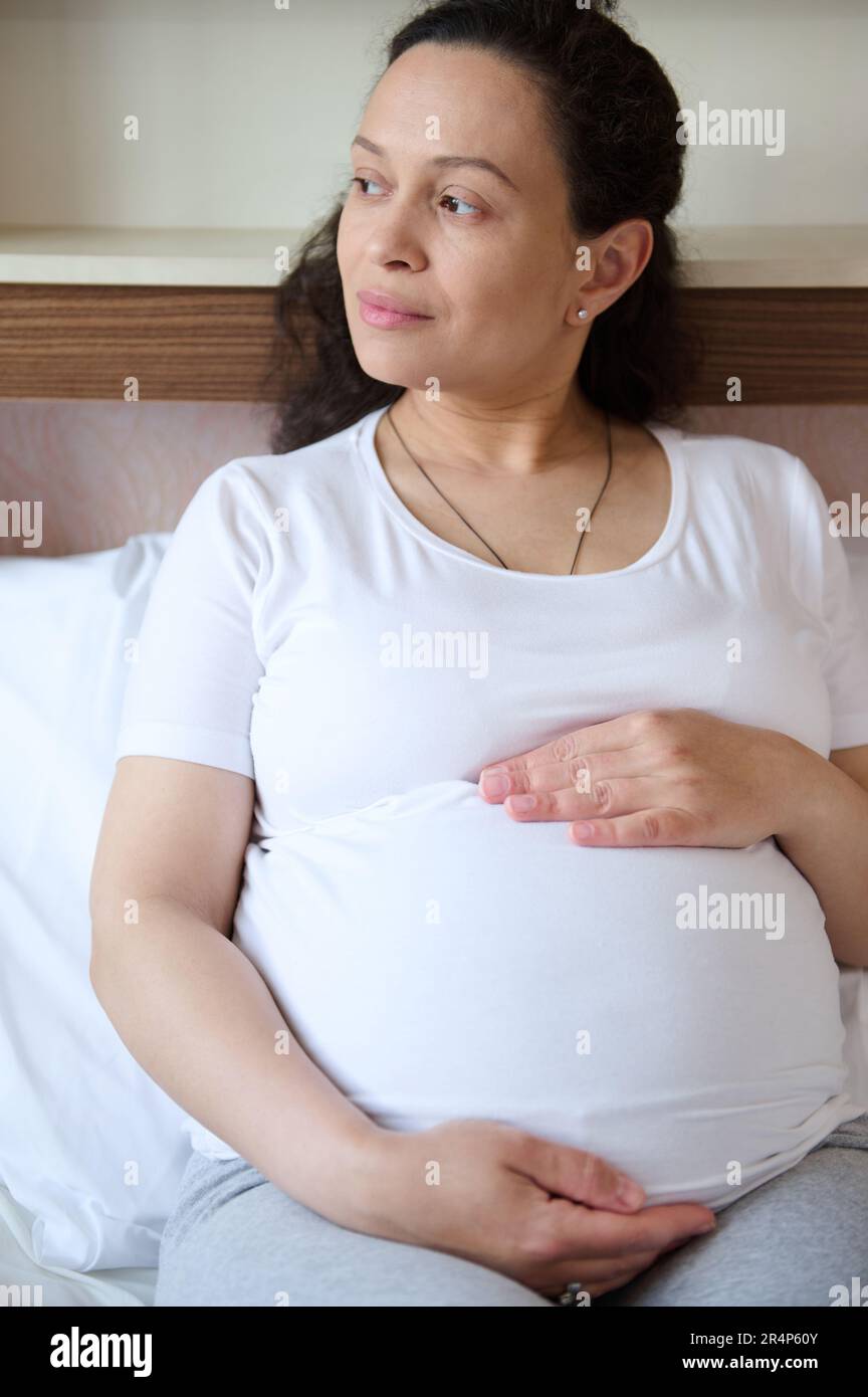 Close Up Portrait Beautiful Woman Caresses Her Belly Enjoying Happy Moments Of Pregnancy And