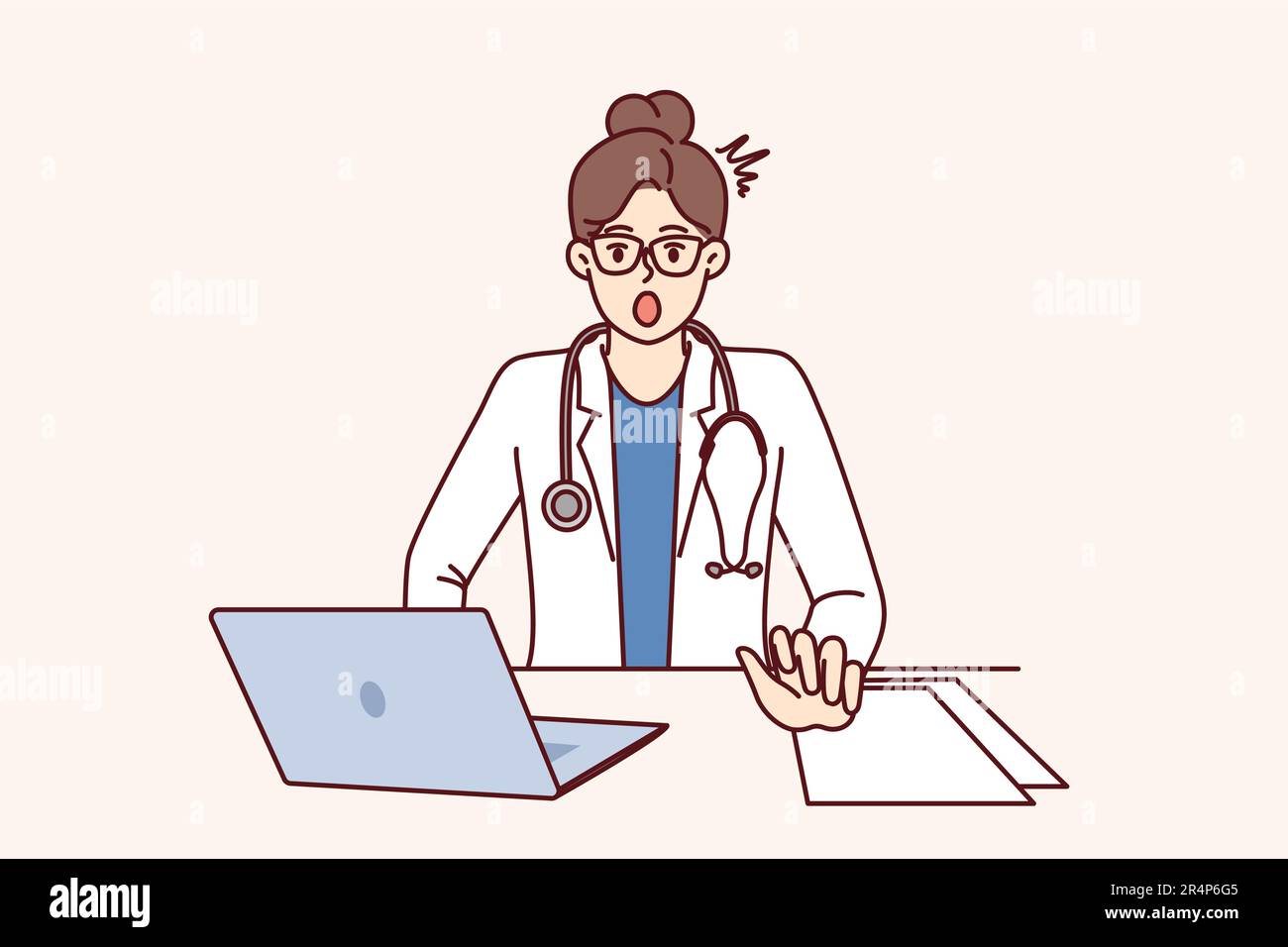 Shocked woman doctor is surprised to see rare disease, sits at table ...