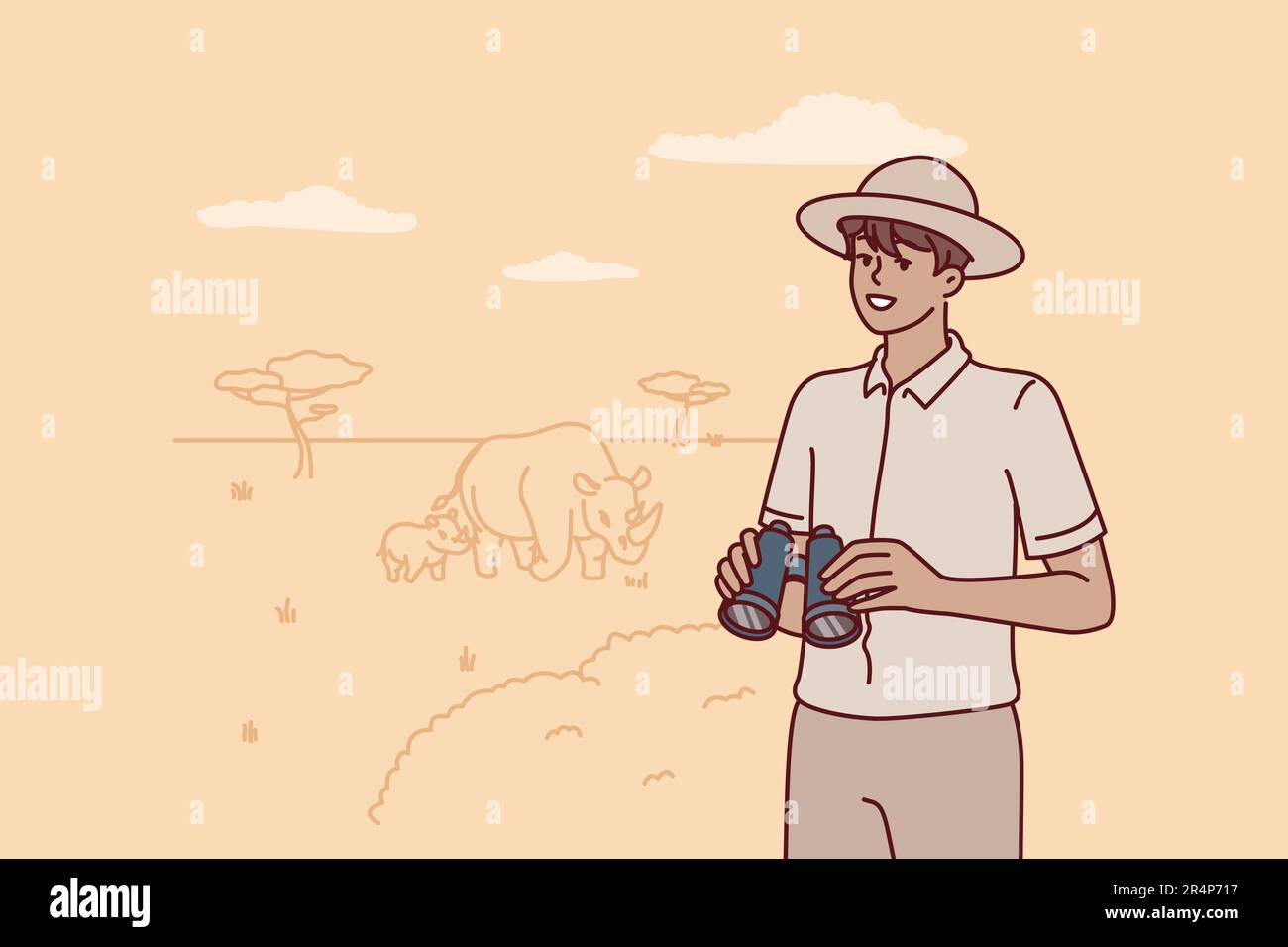 Man ranger with binoculars is watching animals in wild being in ...