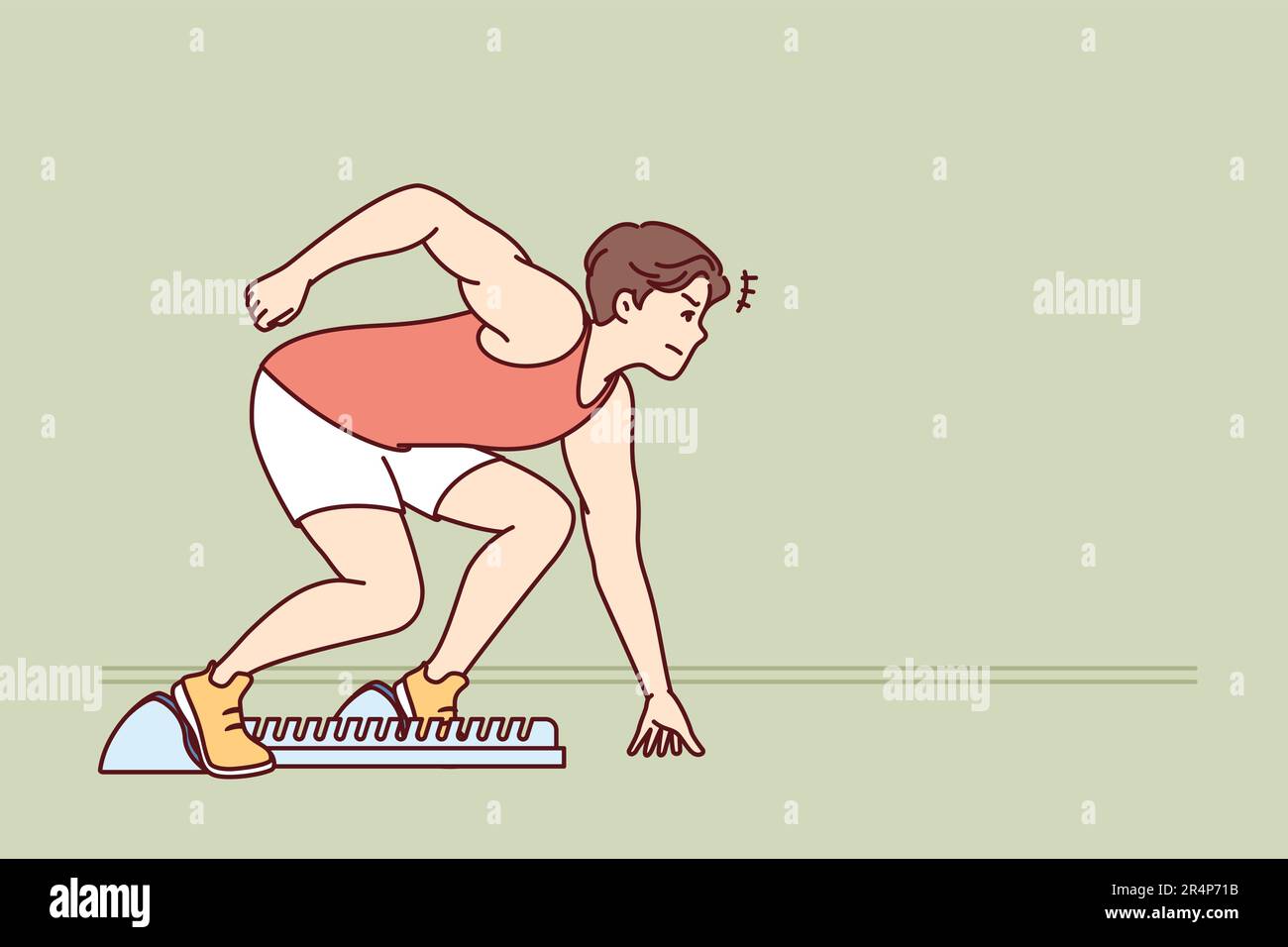 Man sprinter prepares for race standing in starting position in sports ...