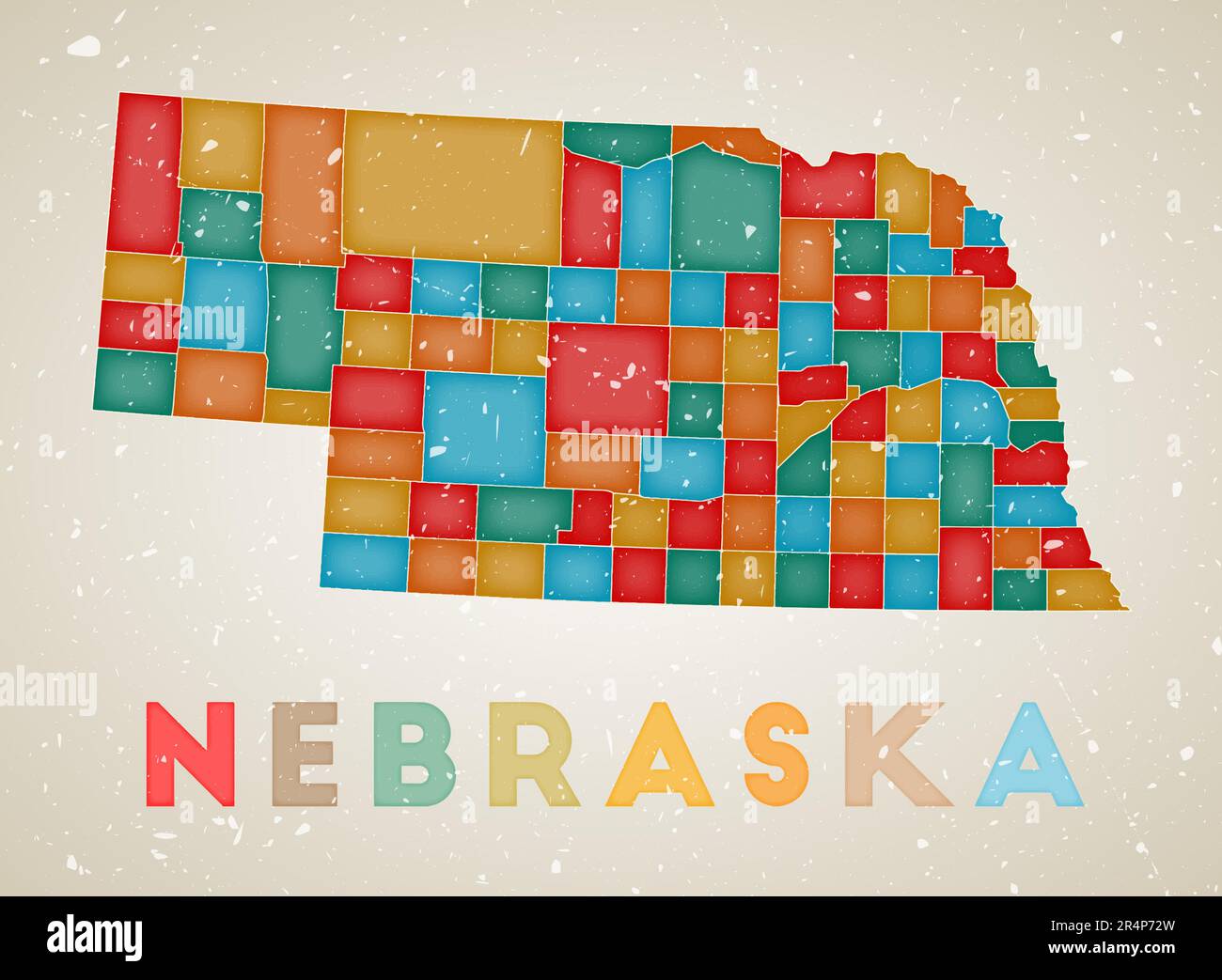 Nebraska map. US state poster with colored regions. Old grunge texture ...