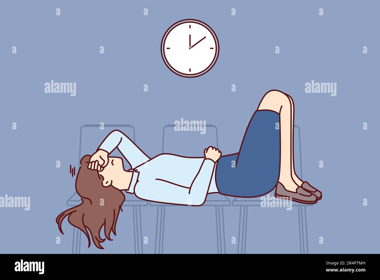 Tired business woman sleeps on office chairs at work and needs vacation ...