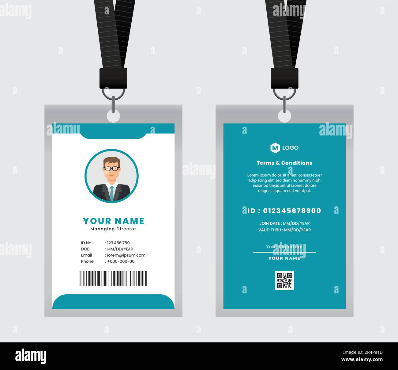 Vector id card template with clasp and lanyard. Blue and white color ...