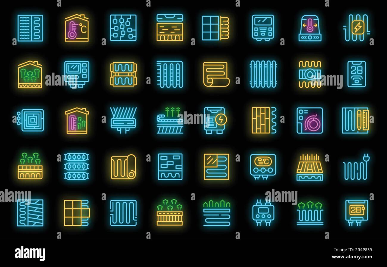 Warm floor icons set outline vector. Heat floor. Underfloor tile neon ...