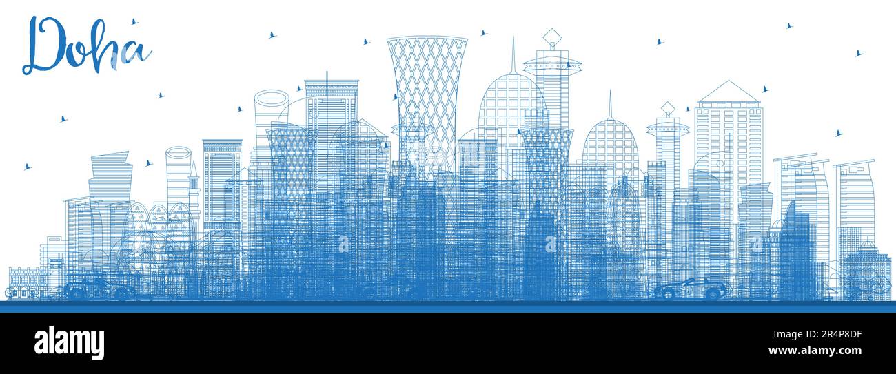 Outline Doha Qatar City Skyline with Blue Buildings. Vector ...