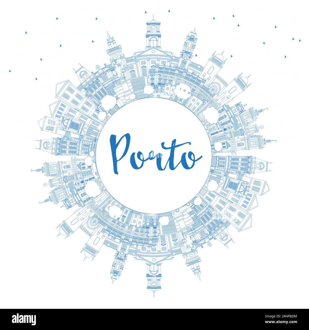 Outline Porto Portugal City Skyline with Blue Buildings and Copy Space ...