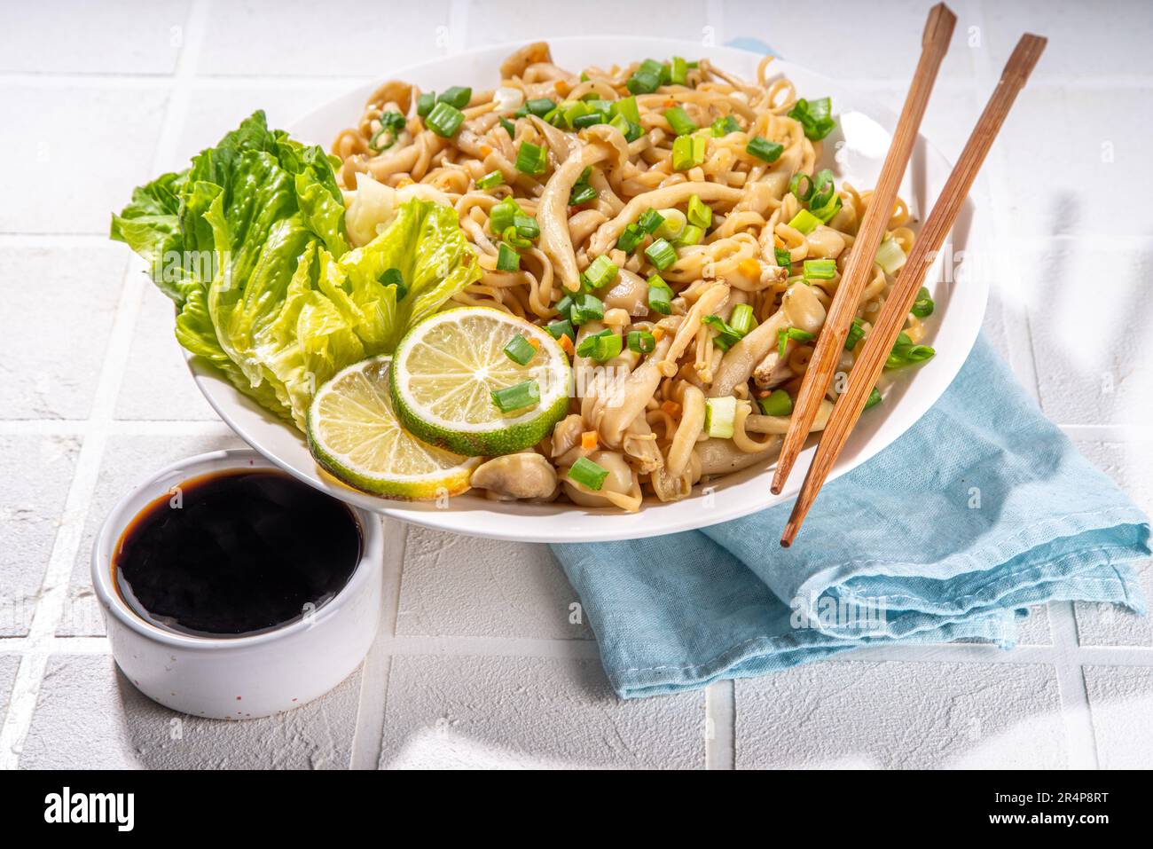 Asian shimeji noodles dish. Chow Mein noodles pasta, with stir fried ...