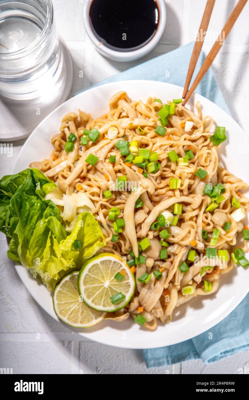 Asian shimeji noodles dish. Chow Mein noodles pasta, with stir fried ...