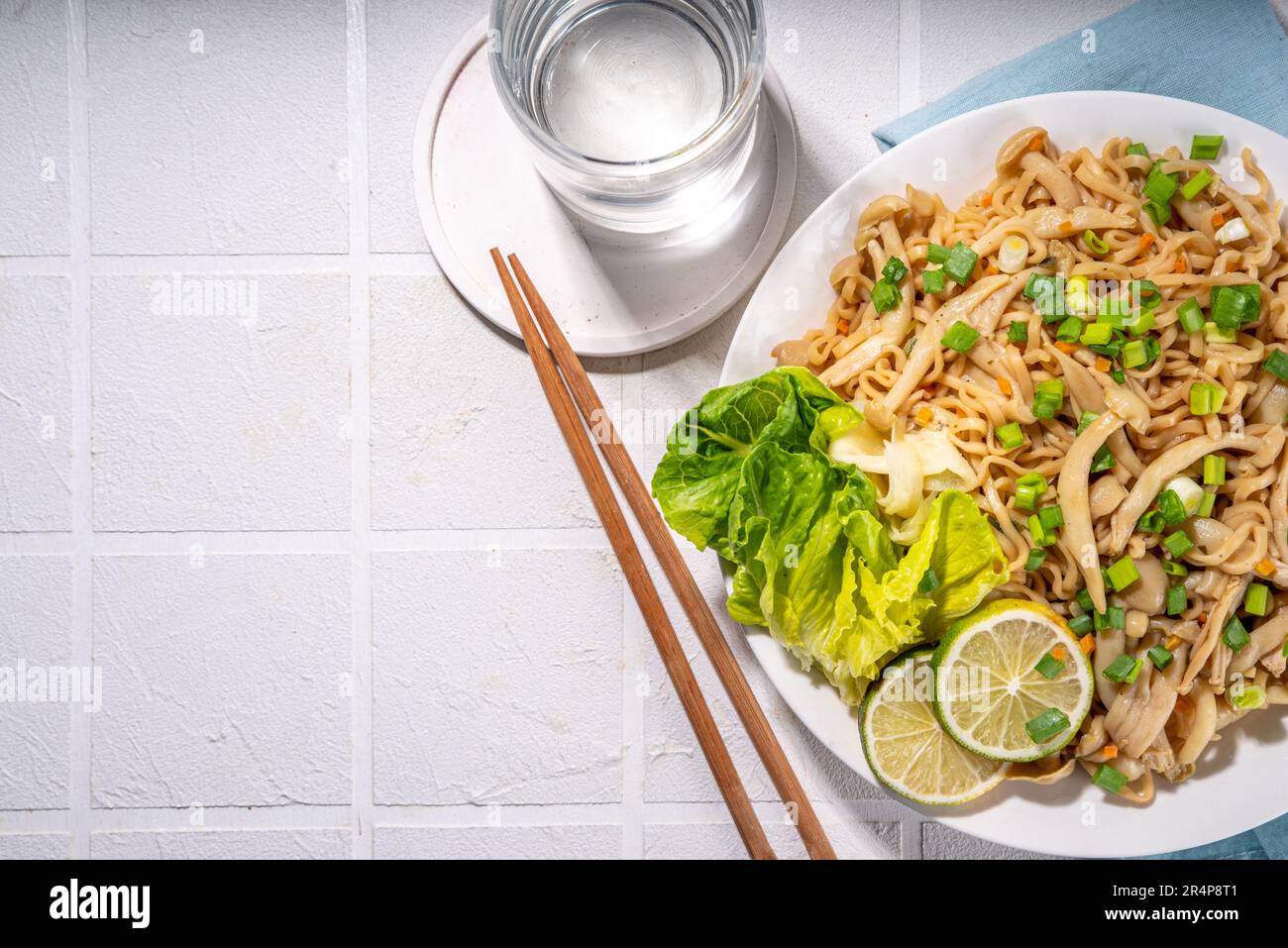 Asian shimeji noodles dish. Chow Mein noodles pasta, with stir fried ...