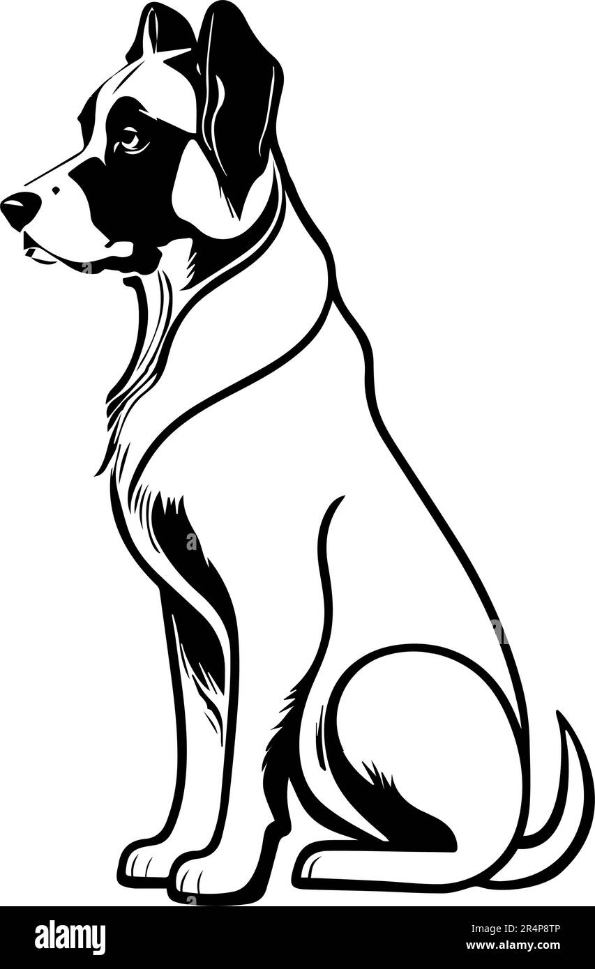 Sitting dog isolated on a white background. Black and white clip art ...