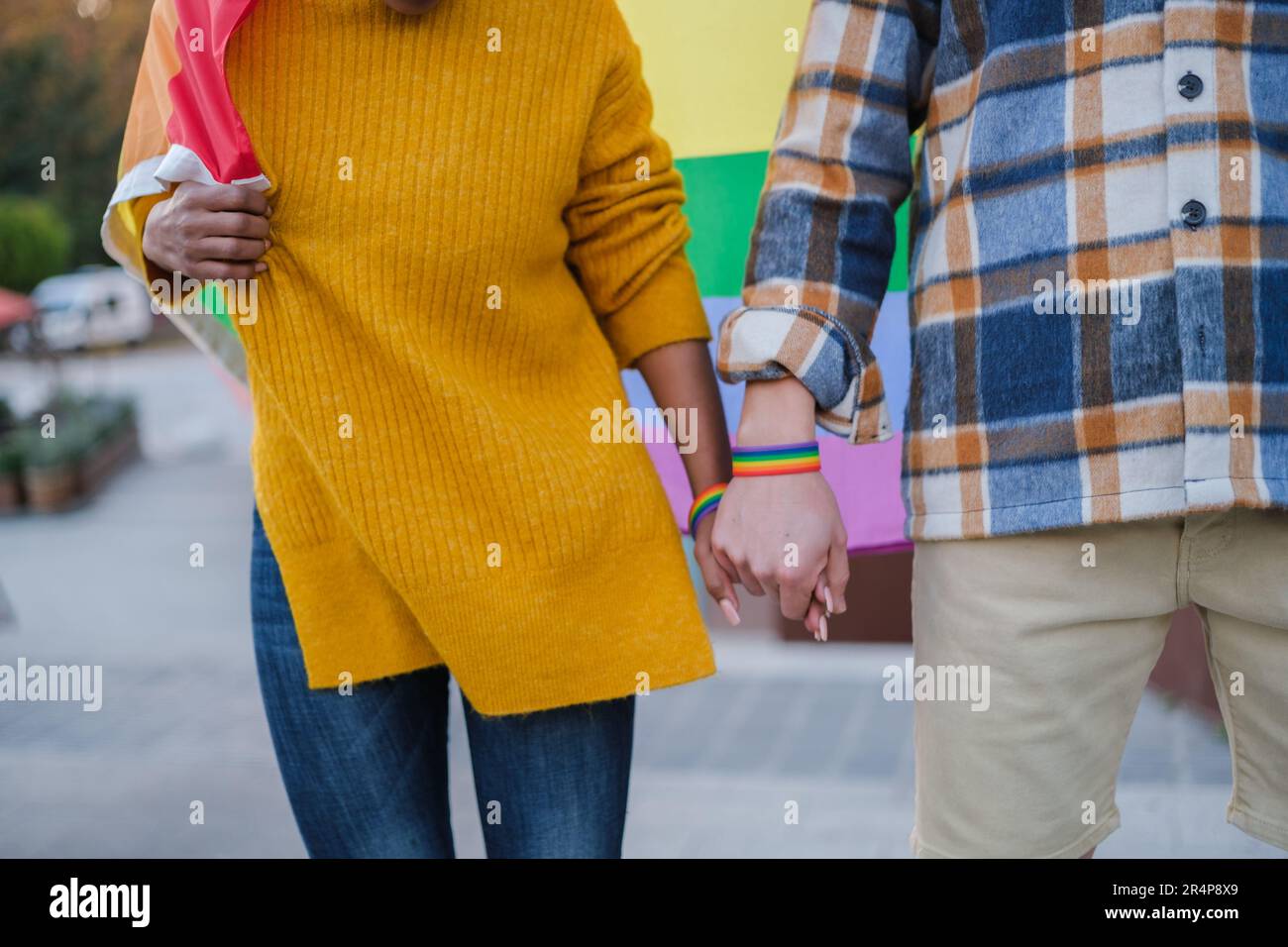 Two young people fighting for lgtbi pride with the flags. Concept ...