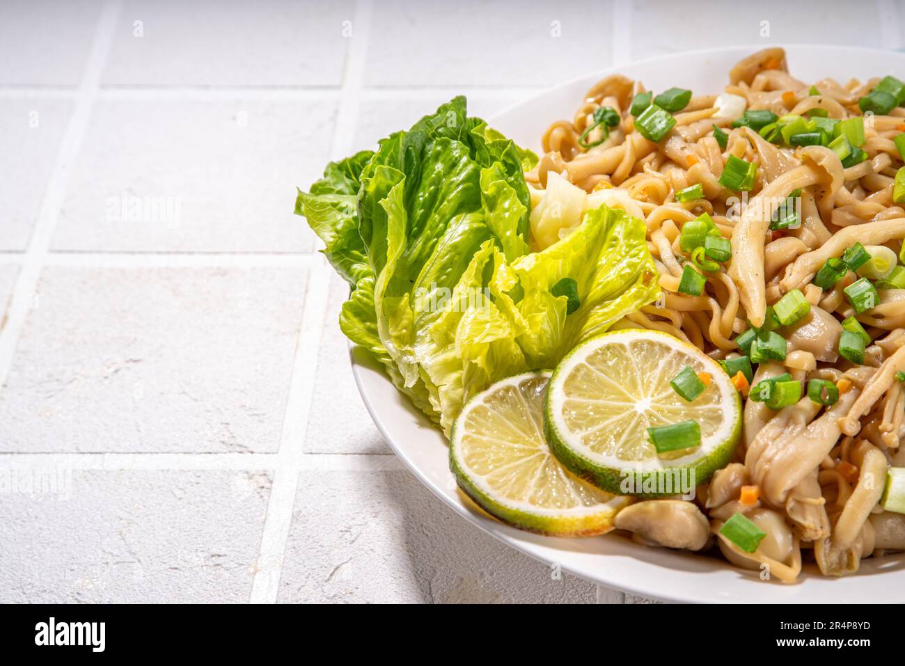 Asian shimeji noodles dish. Chow Mein noodles pasta, with stir fried ...