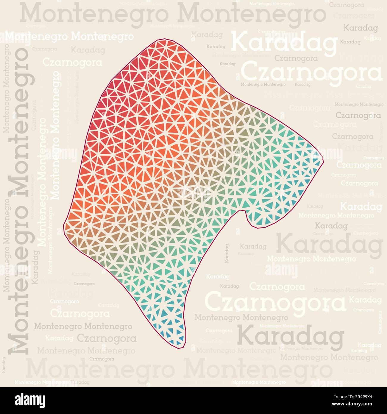 Montenegro map design. Country names in different languages and map ...