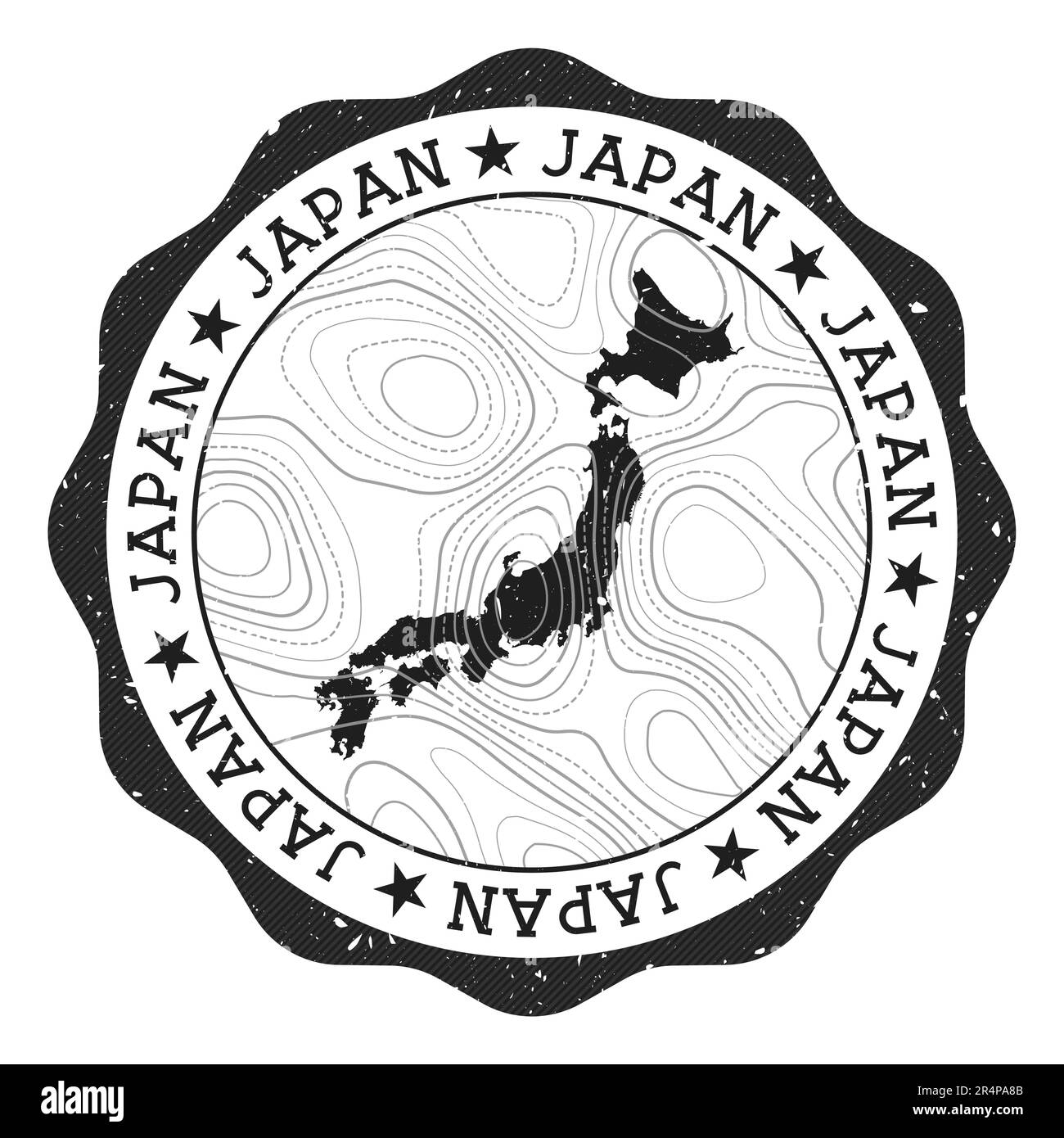 Japan outdoor stamp. Round sticker with map of country with topographic ...