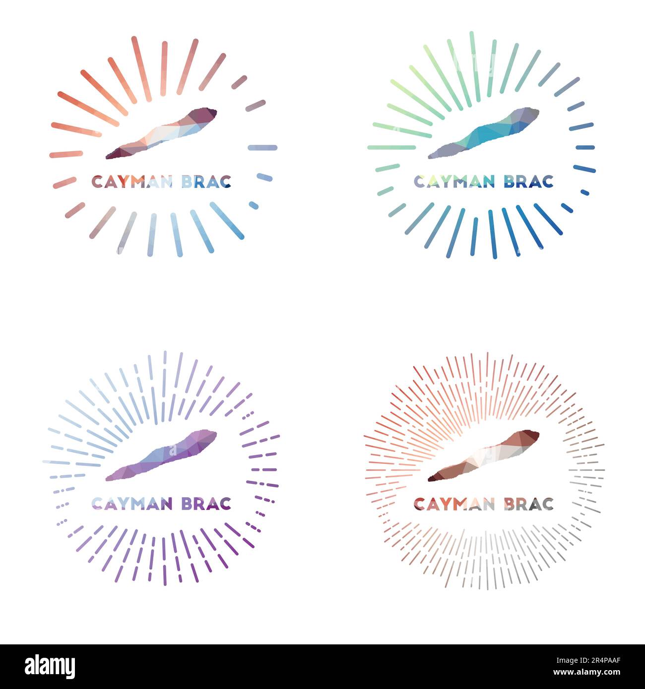 Cayman Brac low poly sunburst set. Logo of island in geometric ...