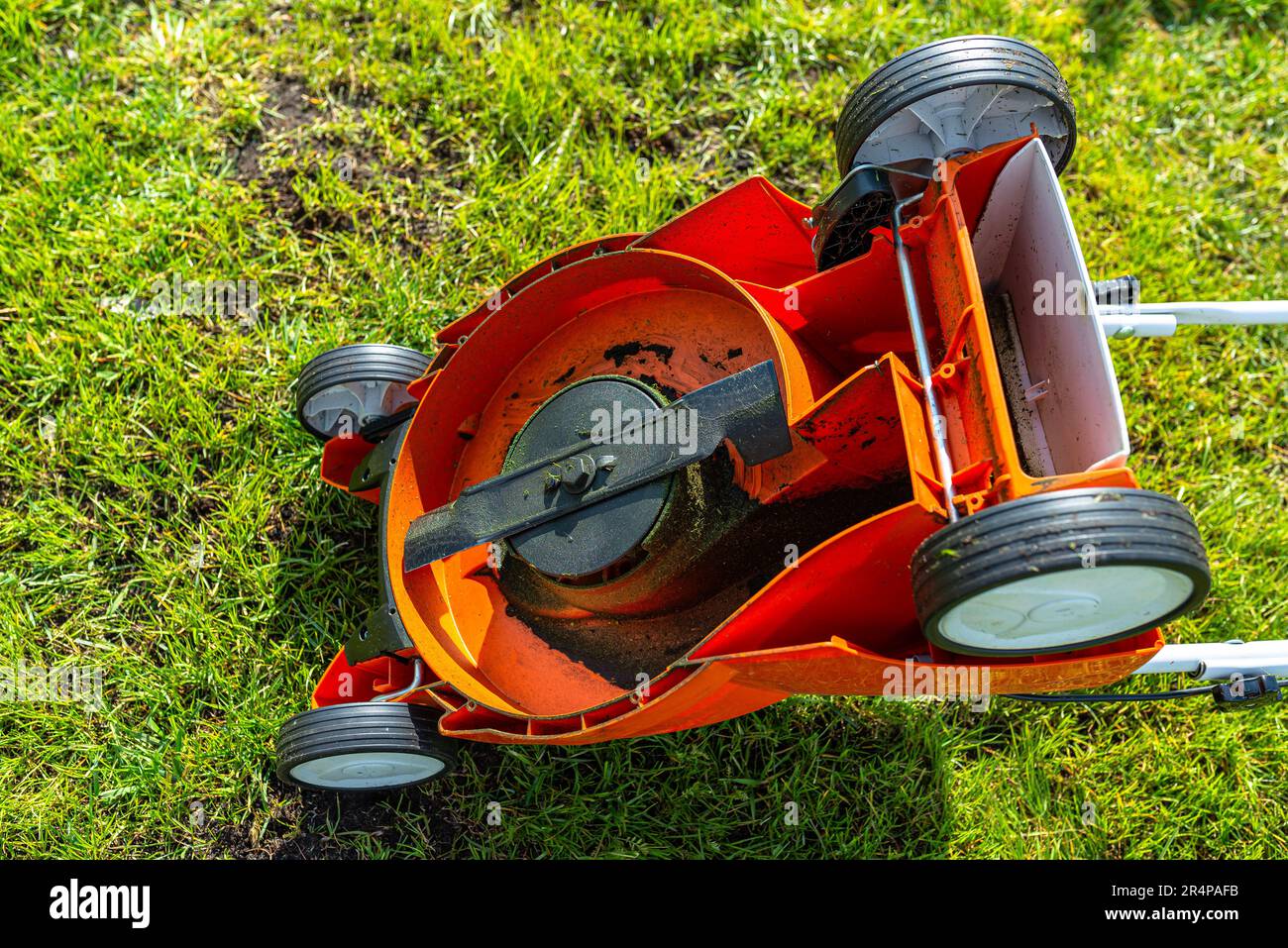 A small motorized electric mower standing on the lawn, it is orange in ...