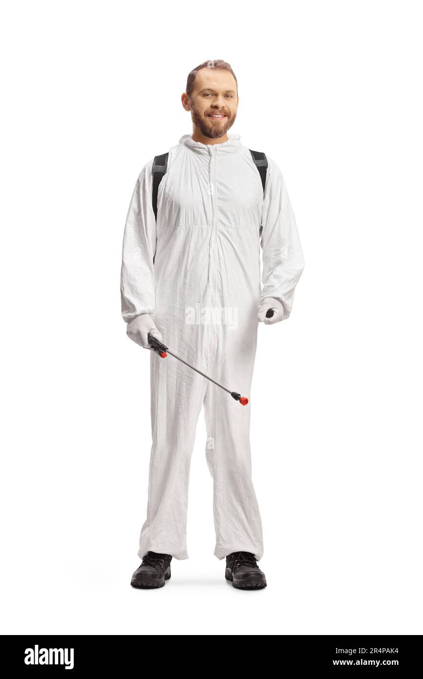 Full length portrait of a pest control worker in a white suit isolated ...