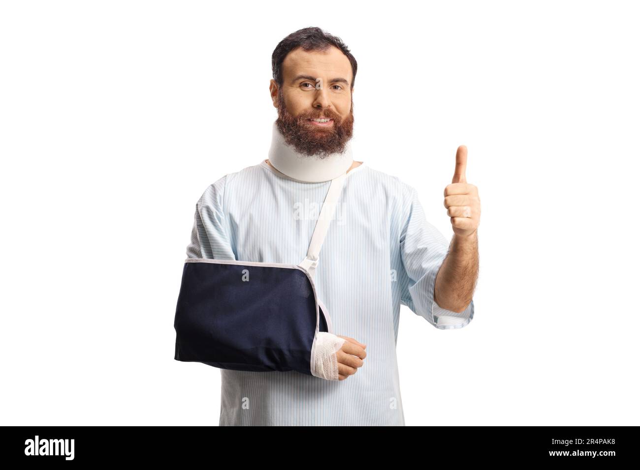Bearded male patient with and arm sling and cervical collar gesturing ...