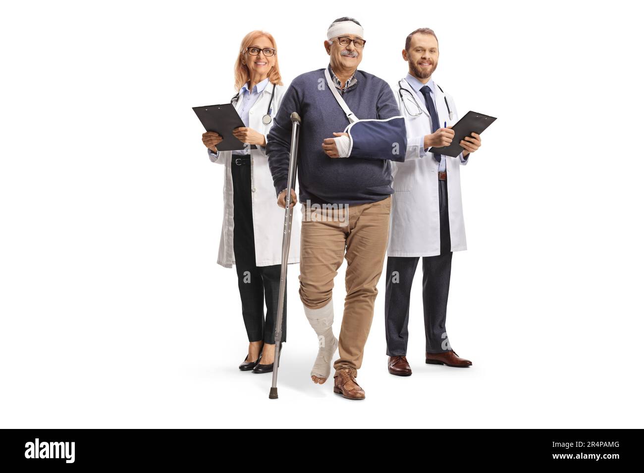 Mature male patient with leg and head injury standing in front of two ...