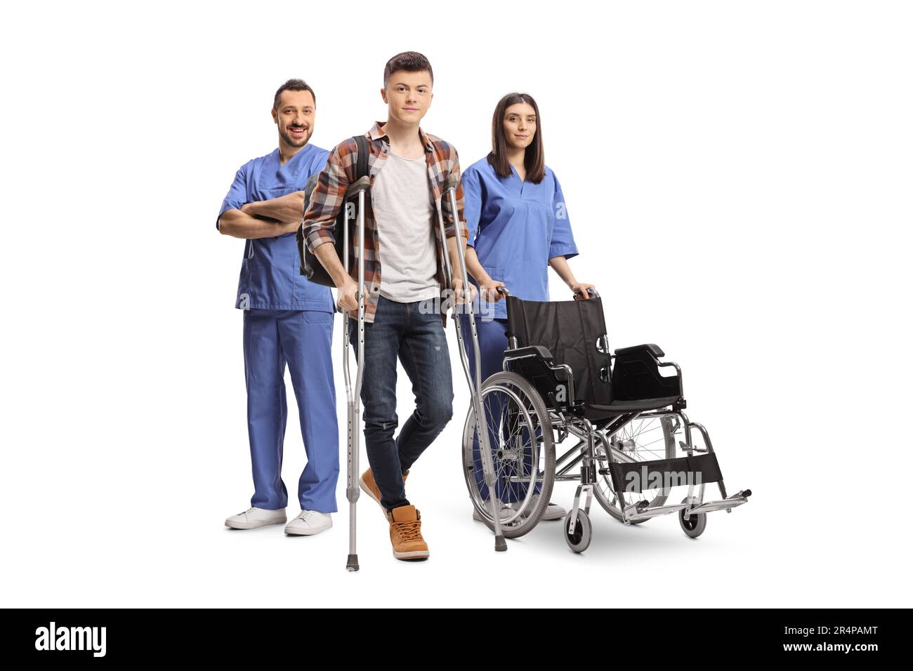 Young male patient with leg injury standing in front of health care ...