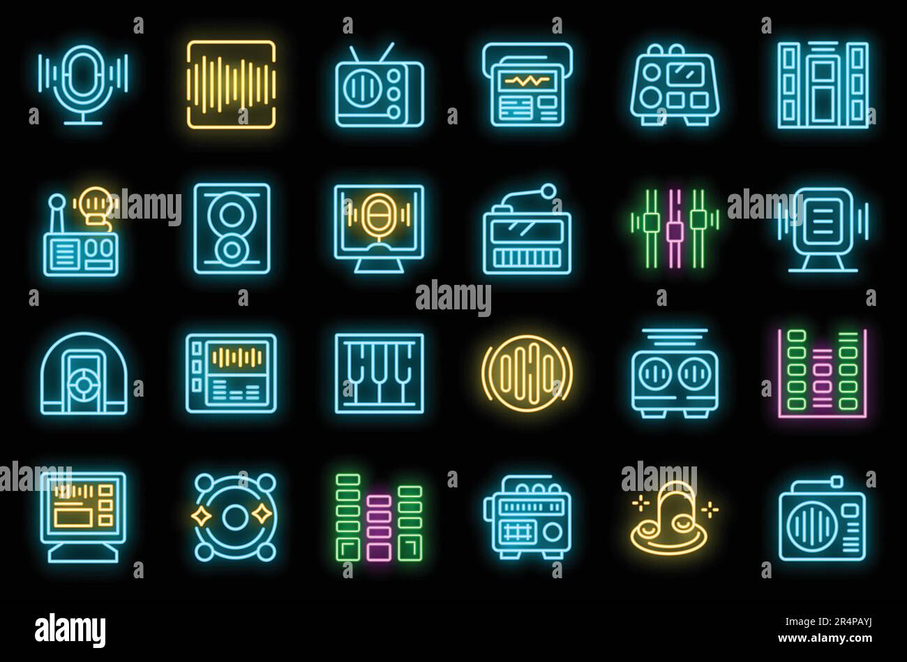 Radio room icons set outline vector. Studio record. Audio music neon ...