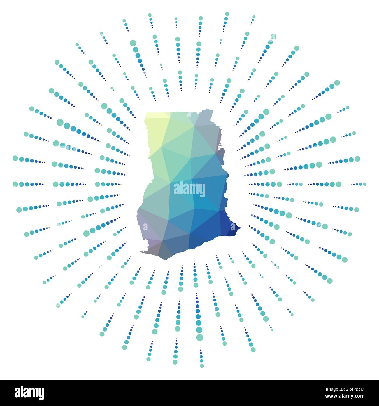 Shape of Ghana, polygonal sunburst. Map of the country with colorful ...