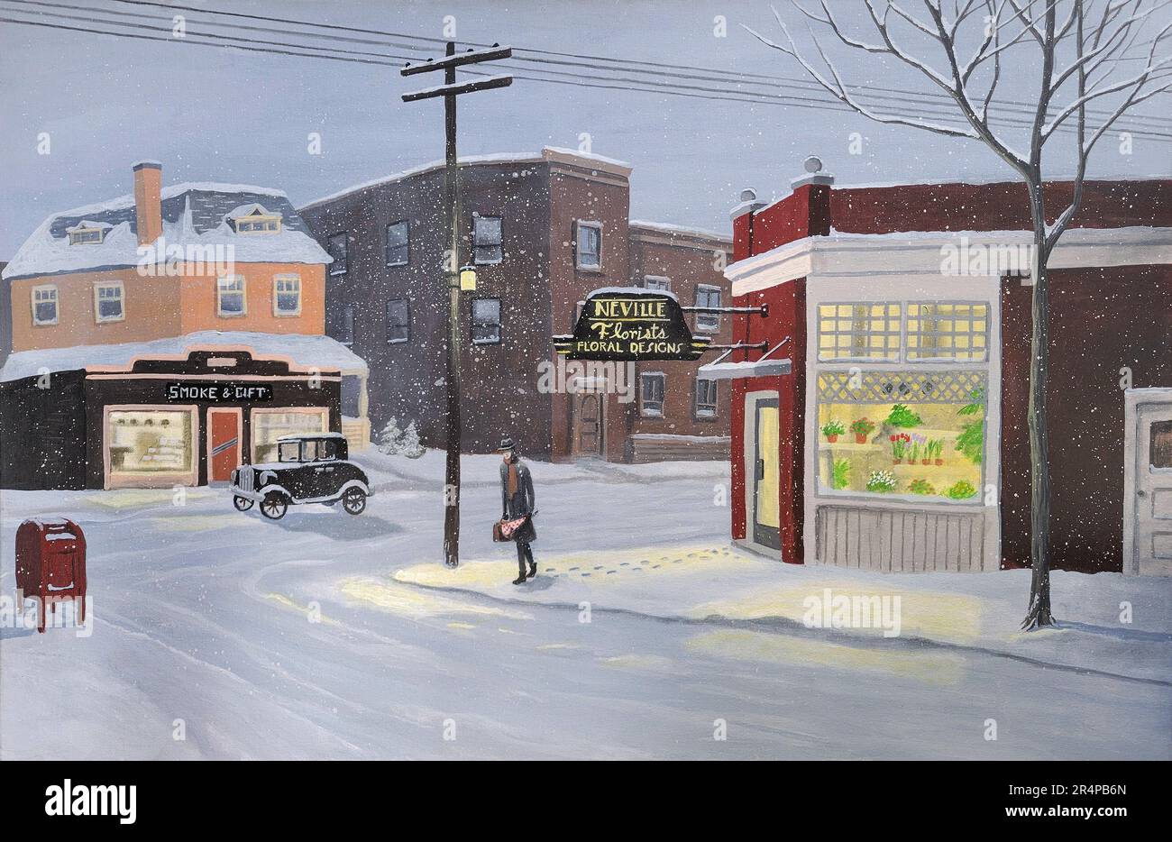 Vintage 1930s scene of a man leaving a flower shop with a bouquet as a ...