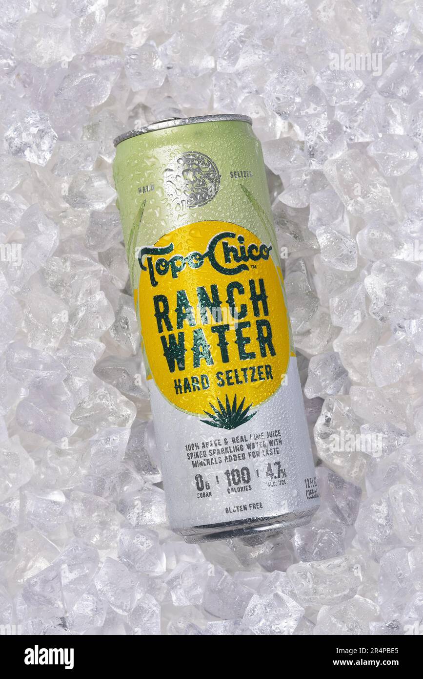 IRIVNE, CALIFORNIA - 29 MAY 20223: A can of Topo Chico Ranch Water Hard ...