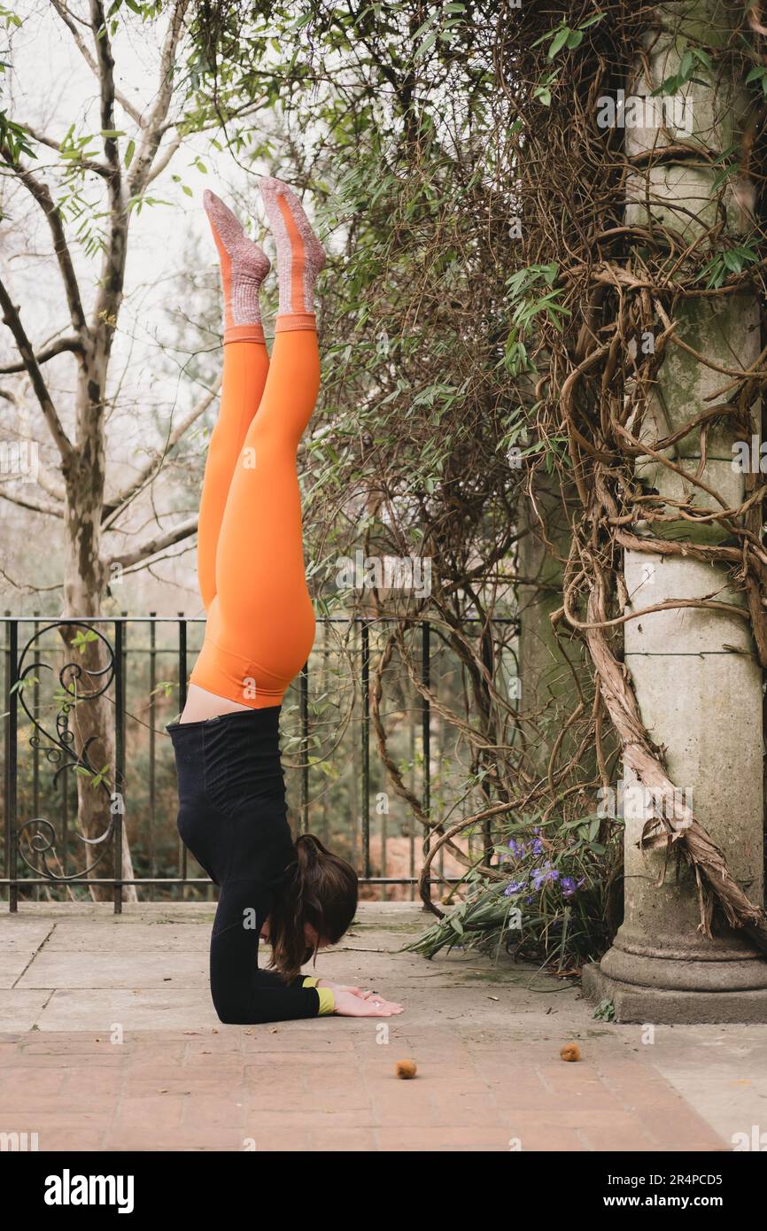 Irish female new yoga teacher doing a forearm stand pose wearing orange ...