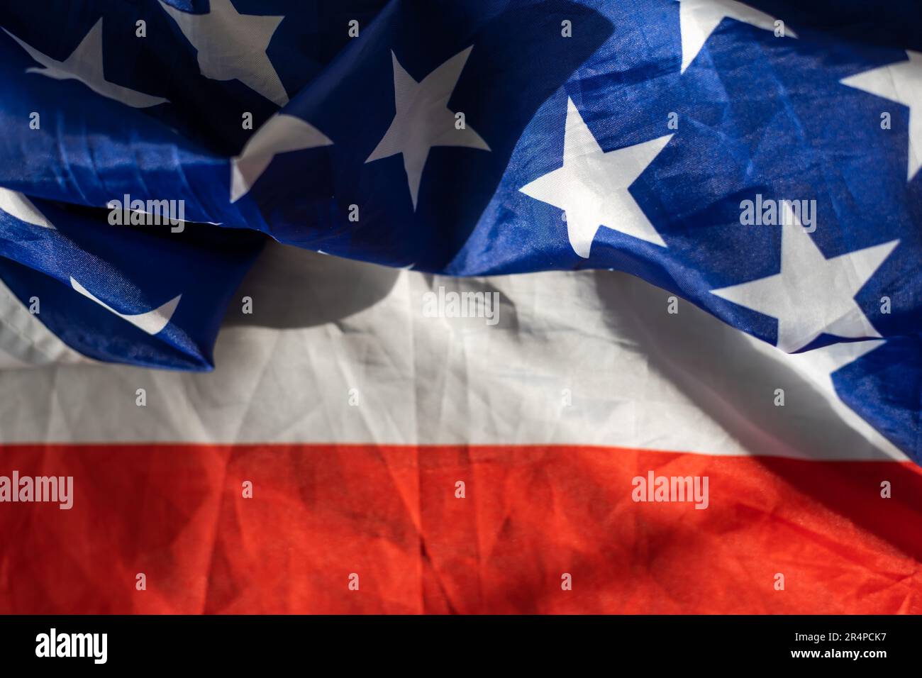 Close up of ruffled American flag. Satin texture curved flag of USA ...