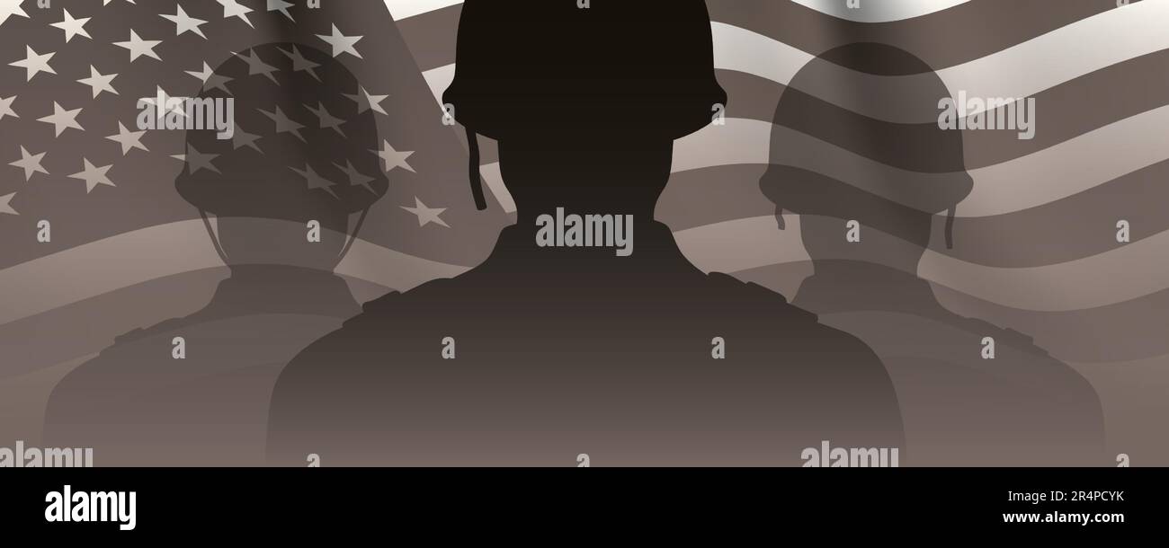 Soldier shadows on a waving USA flag background. American army retro ...