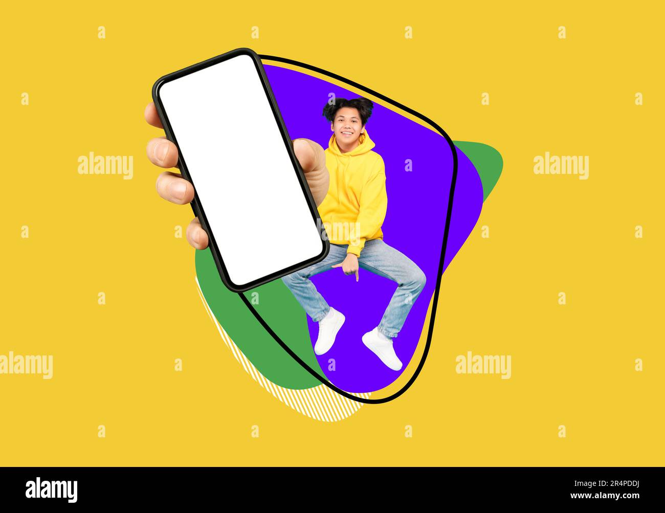 Cheerful Asian Teen Guy Jumping Up With Big Blank Smartphone In Hand ...