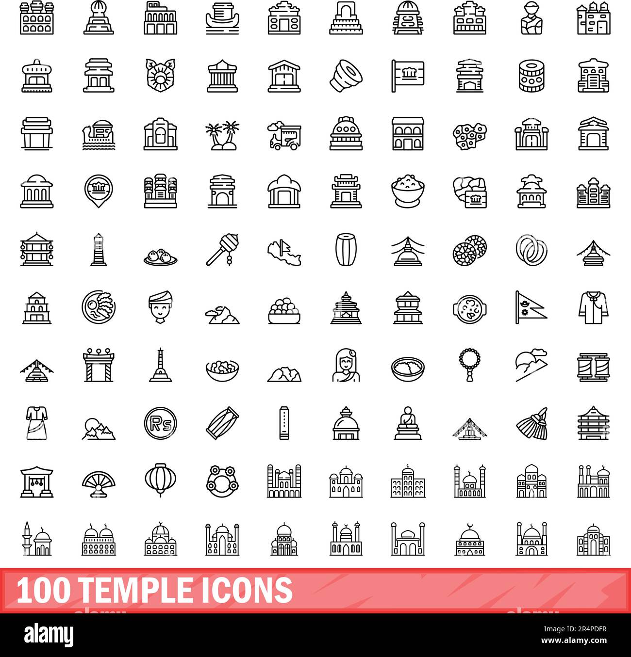 100 temple icons set. Outline illustration of 100 temple icons vector ...