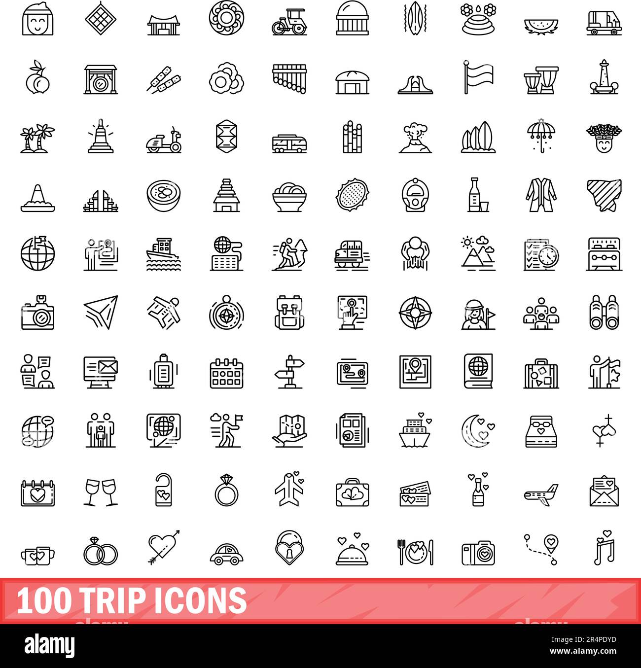 100 trip icons set. Outline illustration of 100 trip icons vector set ...