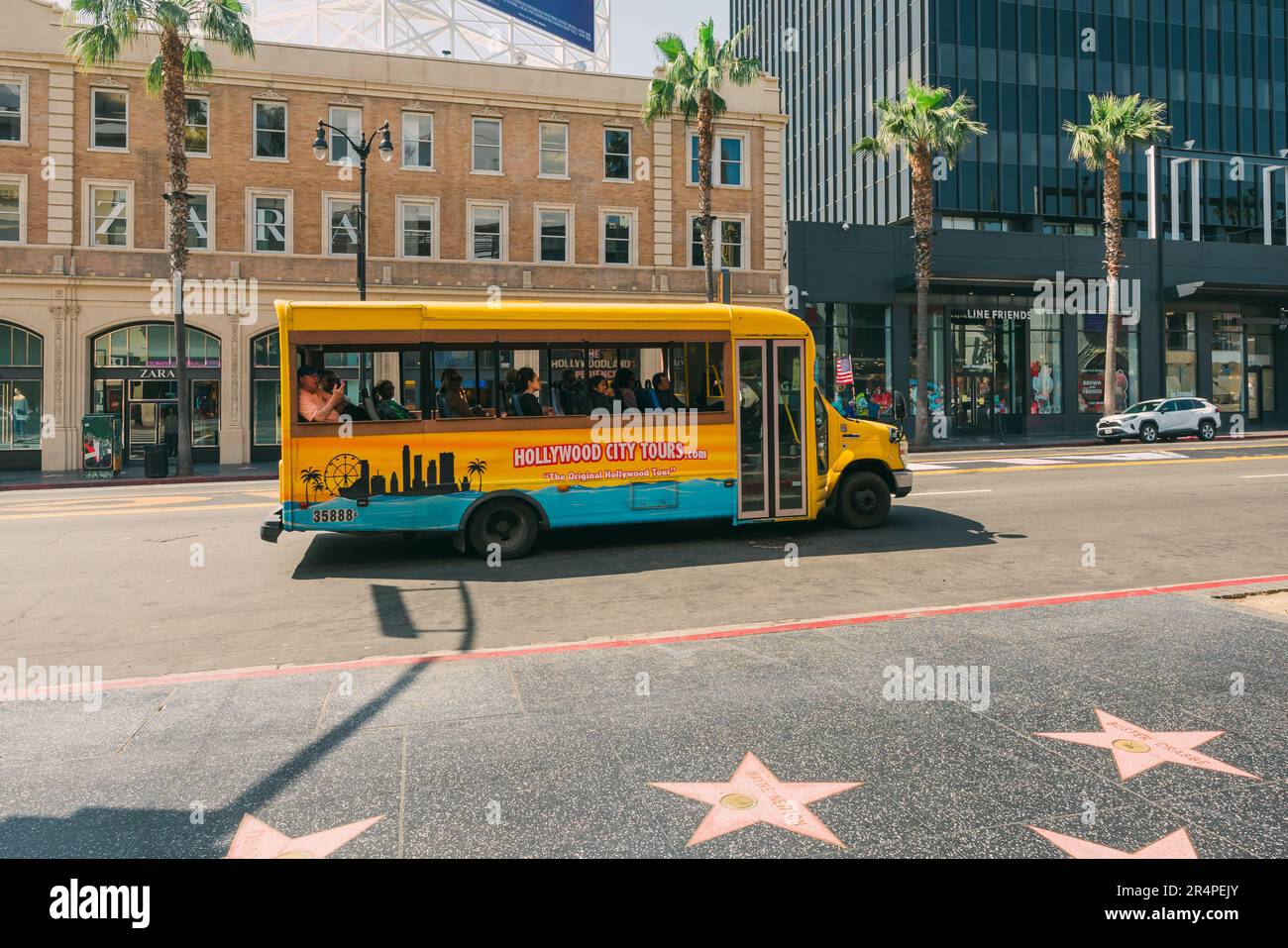 Hollywood, California, USA - April 26, 2023. Bus tours with panoramic ...