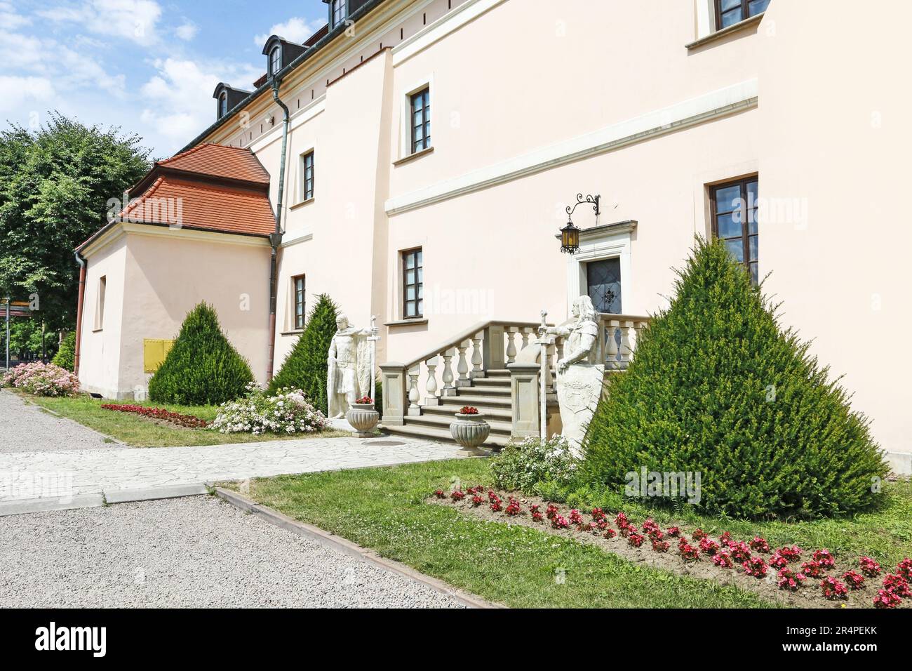 Stone monuments of medieval knights in gardens of royal castle in ...